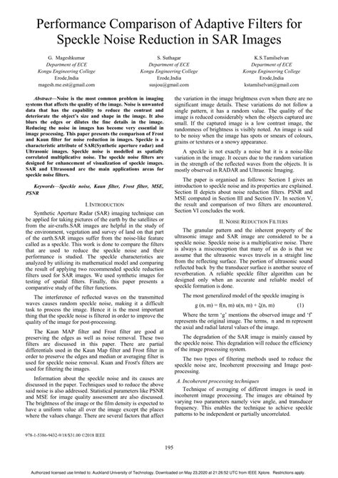 Pdf Performance Comparison Of Adaptive Filters For Speckle Noise
