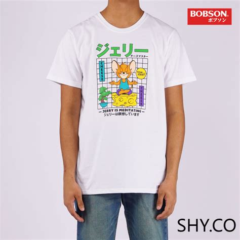 Bobson Official Store Japanese Mens X Tom And Jerry Basic Tees Slim Fit 163198 U White