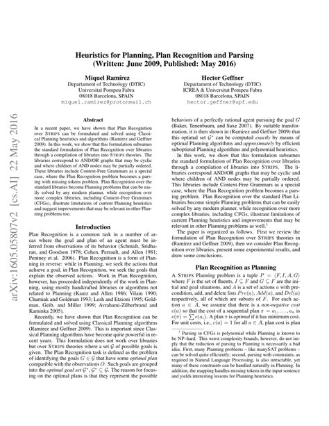 Pdf Heuristics For Planning Plan Recognition And Parsing