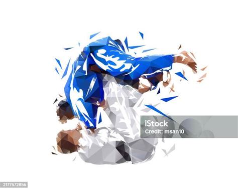 유도 스포츠 기모노를 입은 두 명의 선수 고립 된 낮은 다각형 벡터 그림 무술 유도에 대한 스톡 벡터 아트 및 기타 이미지 유도 주지츠 태권도 Istock