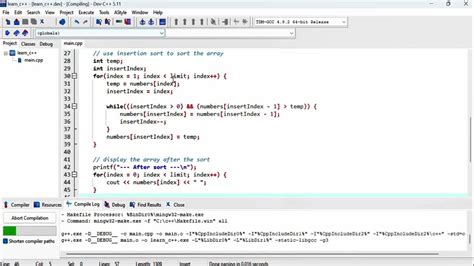 c 57 insertion sort to sort numbers from smallest to largest using while and for loops youtube