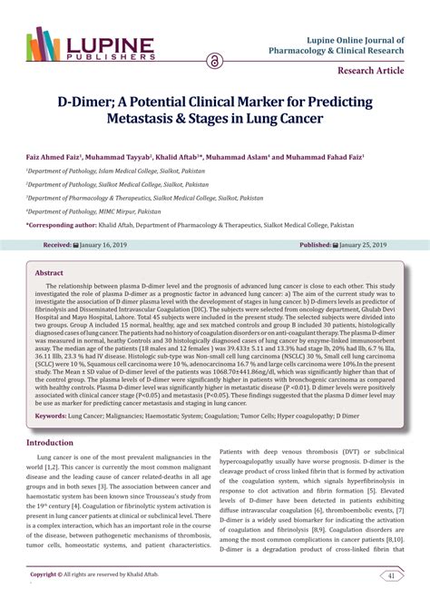 Pdf D Dimer A Potential Clinical Marker For Predicting Metastasis And Stages In Lung Cancer