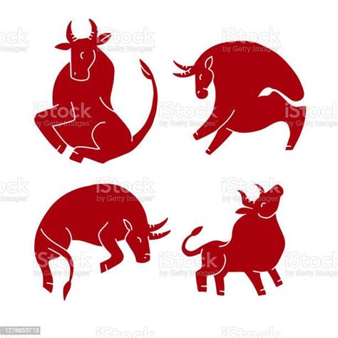 황소 세트 치네르 새해 기호 황소 다른 포즈로 서 황소를 엉덩이의 양식화 실루엣 흰색 배경에 격리 황소 로고 디자인 세트 벡터