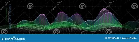 Abstract Background Wavy Graphs From Color Spheres And Lines Grid On Black Technology Wireframe