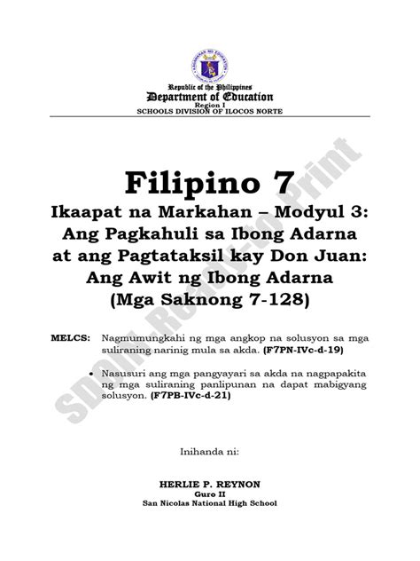 Filipino 7 Q4 Week4 Module3 Melc5 6 Modyul3 Reynon Herlie Pdf