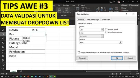 Gunakan Cara Ini Untuk Membuat Validasi Data Data Validation Dropdown List Di Excel Youtube