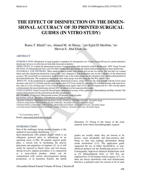 PDF THE EFFECT OF DISINFECTION ON THE DIMENSIONAL ACCURACY OF D PRINTED SURGICAL GUIDES IN