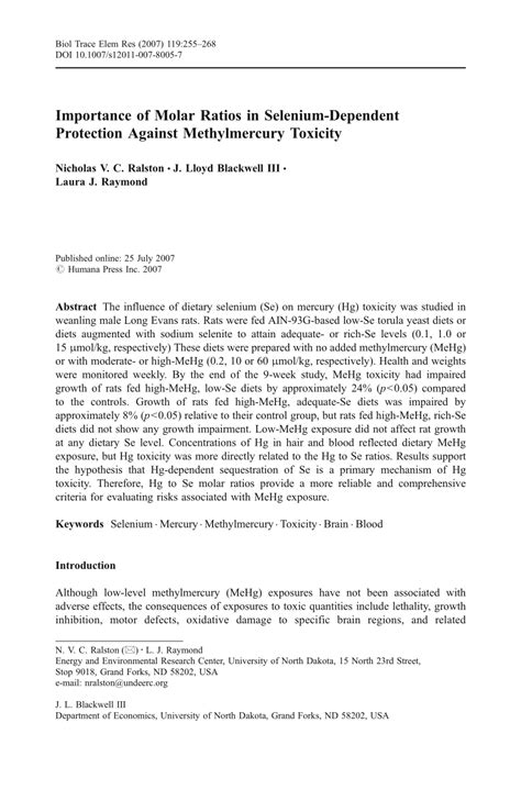 Pdf Importance Of Molar Ratios In Selenium Dependent Protection