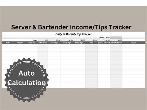Server Tip Tracker Excel Spreadsheet Google Sheets Printable PDF Digital Instant Download