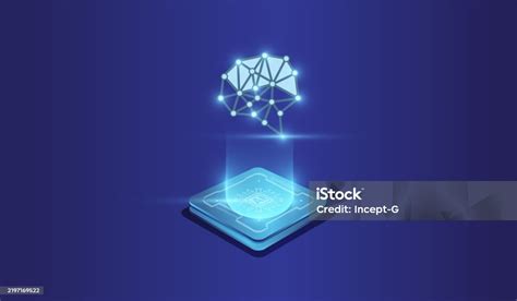 기술 파란색 배경에 가벼운 회로 기판이 있는 밝게 빛나는 Ai 칩에 대한 인공 지능 기술 개념 Cpu 프로세서 컴퓨터 마이크로 칩 에 대 한 추상 디지털 벡터 그림 3차원