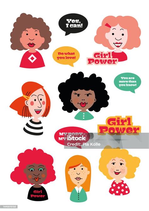 걸 파워 벡터 클립아트 모음 다양성 젊은 여성 초상화 유색인종 말풍선 타이포그래피 인용문 텍스트 Feministiskt Initiativ에 대한 스톡 벡터 아트 및 기타