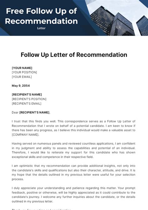 Free Follow Up Letter Of Recommendation Template To Edit Online