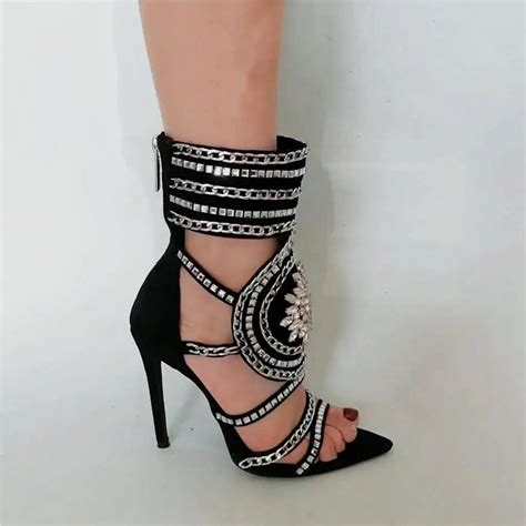 Ubililia Unique Design Pointed Toe Rhinestone Heeled Sandals For Women