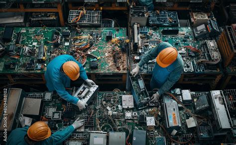 Electronic Waste Sorting Center Focus On Workers Disassembling Parts