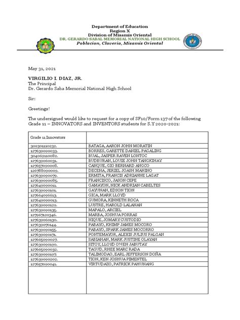 Request For Form 137 Sf10 From The Principals Office Pdf