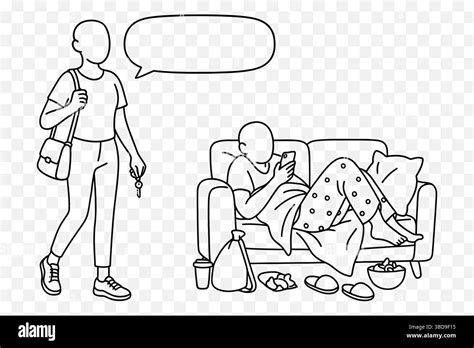 Funny Lazy Vs Active Lifestyle Comic Minimalist Line Art Characters With Speech Bubble Stock