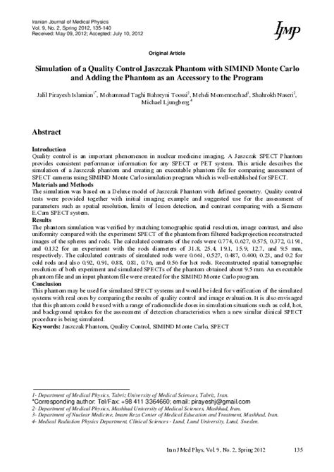 Pdf Simulation Of A Quality Control Jaszczak Phantom With Simind Monte Carlo And Adding The