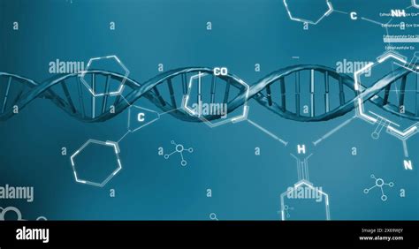 Image Of Dna Molecular And Chemical Structures Against Blue Background