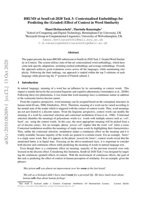 PDF BRUMS At SemEval 2020 Task 3 Contextualised Embeddings For Predicting The Graded Effect