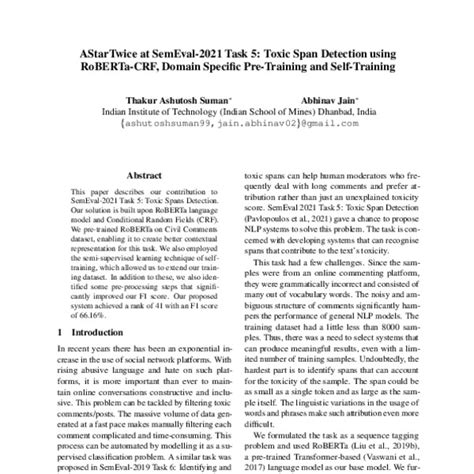 Astartwice At Semeval 2021 Task 5 Toxic Span Detection Using Roberta Crf Domain Specific Pre