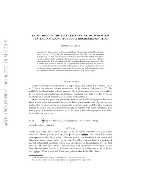 Pdf Evolution Of The First Eigenvalue Of Weighted P Laplacian Along The Ricci Bourguignon