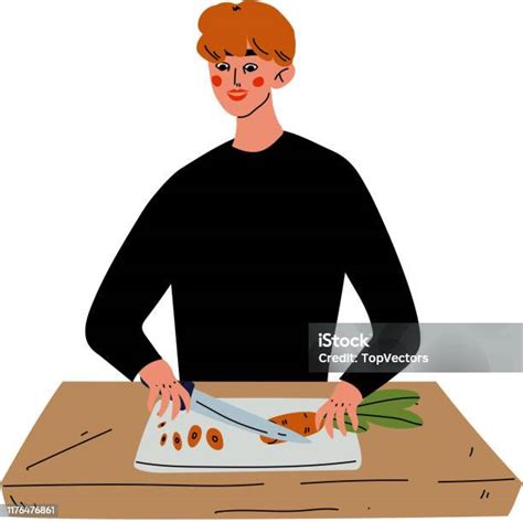 젊은 남자 절단 당근 보드에 남자 요리 부엌 벡터 일러스트 그릇에 대한 스톡 벡터 아트 및 기타 이미지 그릇 남자 당근 Istock