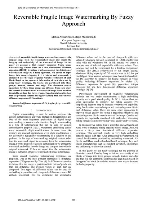 Pdf Reversible Fragile Image Watermarking By Fuzzy Approach