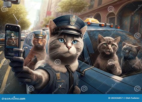Cats In The Police Car Taking A Selfie With A Smartphone Stock