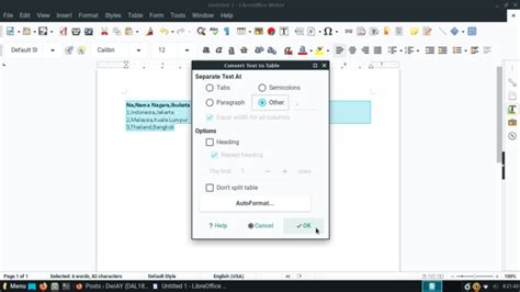 cara convert teks ke tabel di libreoffice pada linux lite dwiay dal1809