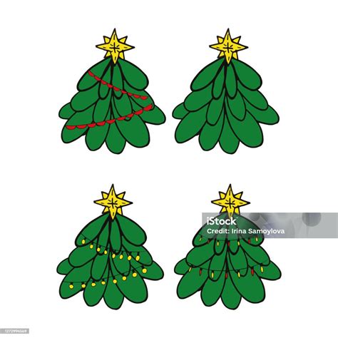 별과 전구의 화환이있는 크리스마스 트리는 손으로 그린 낙서 디자인 아이콘 스티커 카드 포스터에 대한 요소를 설정합니다 미니멀리즘 새해 휴일 파티 조명 장식 귀여운 12월에