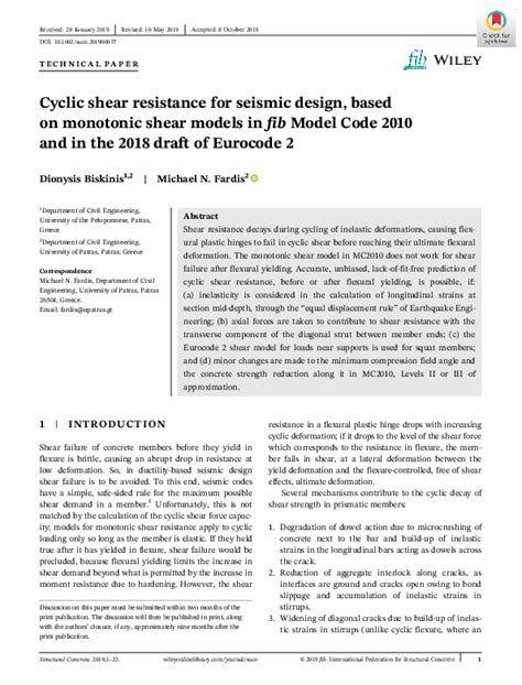 Pdf Cyclic Shear Resistance For Seismic Design Based On Monotonic Shear Models In Fib Model