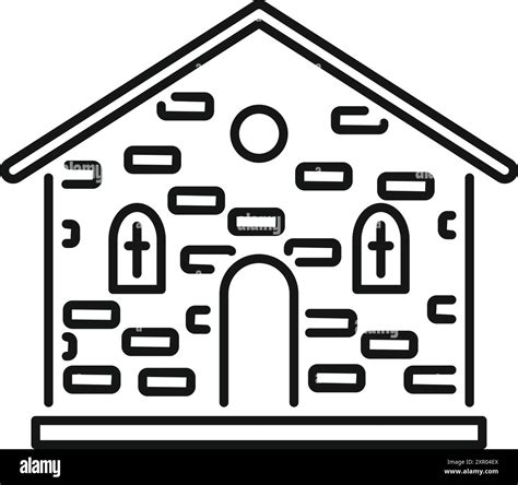 Simple Line Drawing Of A Stone House Facade Featuring An Arched Doorway