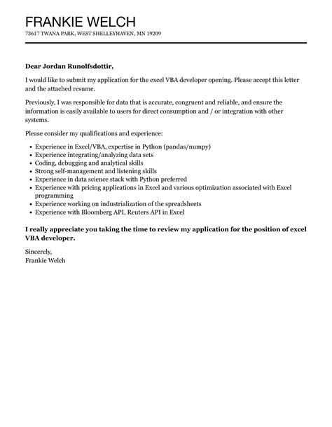 Excel VBA Developer Cover Letter Velvet Jobs