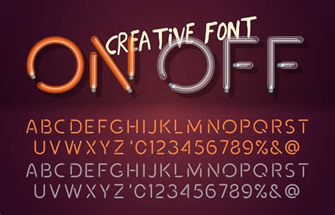 크리에이 티브 현실적인 램프 폰트입니다 라이트 전구 텍스트 효과입니다 벡터 전구 램프 알파벳 Vinous 배경에 고립 벡터 일러스트 레이 션 0명에 대한 스톡 벡터 아트 및