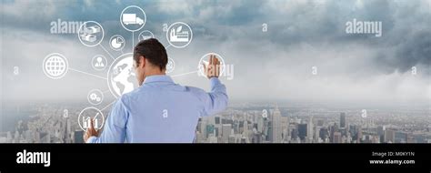 Man Touching Interface With City Background Stock Photo Alamy