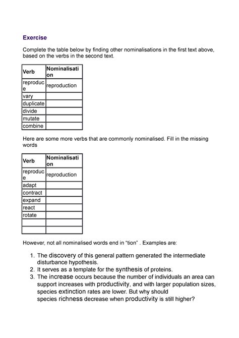 Nominalisation Appunti Exercise Complete The Table Below By Finding Other Nominalisations In