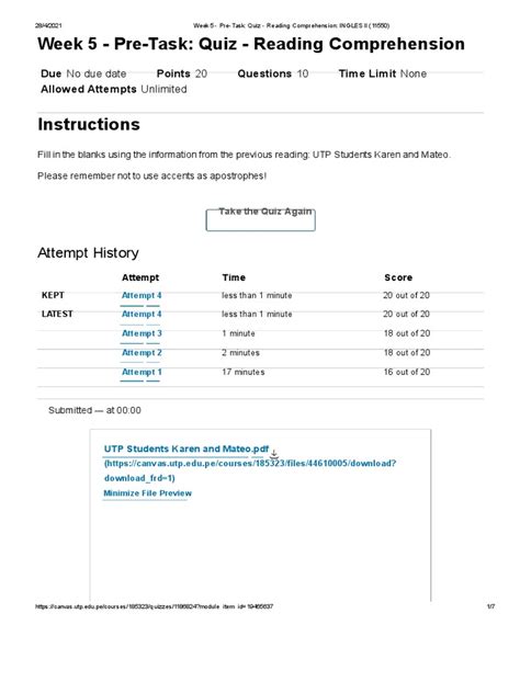Week 5 Pre Task Quiz Reading Comprehension Compress Pdf Learning