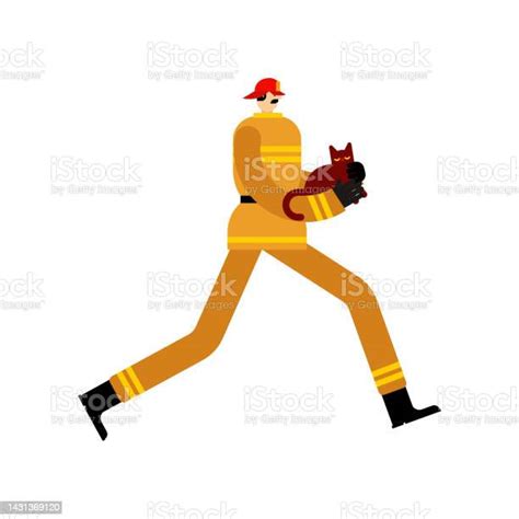 소방관이 고양이를 구출했다 소방관이 달리고 있습니다 소방 Aerial Firefighting에 대한 스톡 벡터 아트 및 기타 이미지 Aerial Firefighting