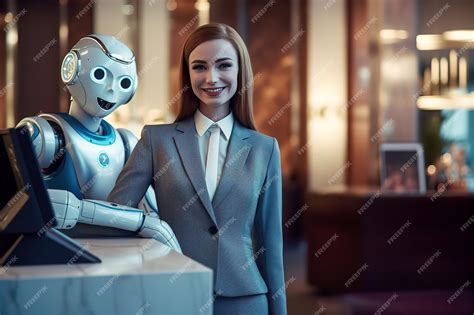 Premium Photo Efficient Collaboration Woman Receptionist And Robot