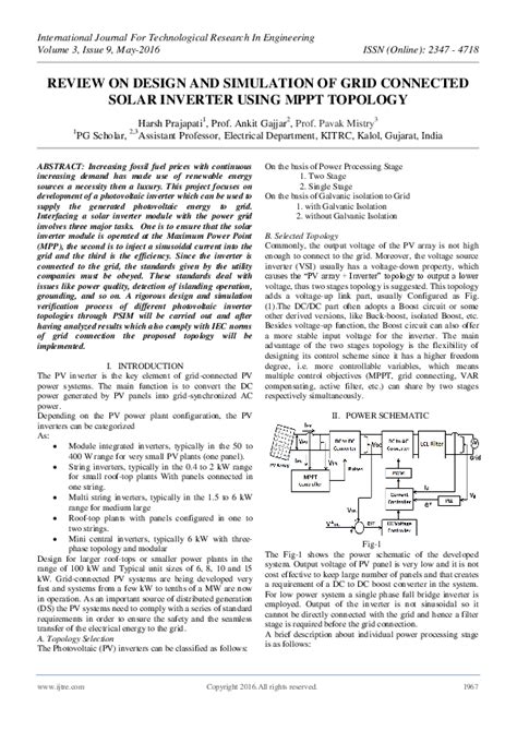 Pdf Review On Design And Simulation Of Grid Connected Solar Inverter Using Mppt Topology