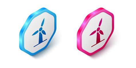 아이소메트릭 풍력 터빈 아이콘은 흰색 배경에 분리되어 있다 풍력 발전기 표지판 전력 생산을 위한 풍차 육각형 버튼 벡터 3차원 형태에 대한 스톡 벡터 아트 및 기타 이미지