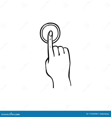 Human Hand Pressing Button With Index Finger In Sketch Style Isolated On White Background Stock