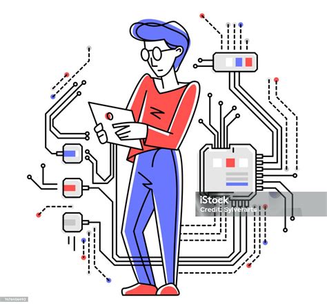 하드웨어 벡터 개요 그림을 수리하는 시스템 관리자 회로 기판 마더보드 및 프로세서 서버 Pc 기술을 다루는 시스템 관리자 컴퓨터 엔지니어 Cpu에 대한 스톡 벡터 아트 및