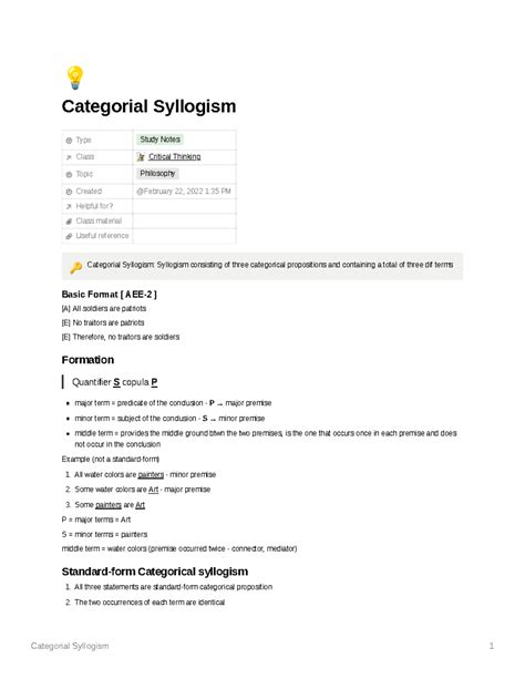 Categorial Syllogism This Note Is For The Logic Class Philosophy Named Critical Thinking