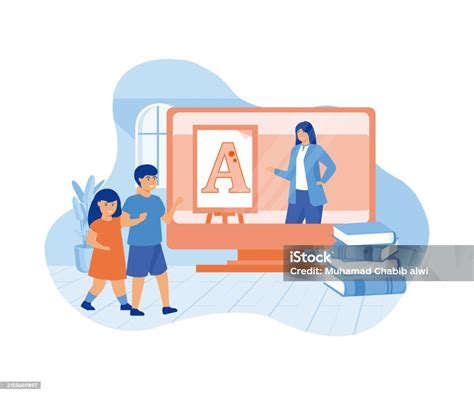 E러닝 배너 온라인 유아 교육 과정 무료 온라인 유치원 게임 홈 스쿨링 화면 속의 여교사 플랫 벡터 현대 일러스트 레이 션 개념에 대한 스톡 벡터 아트 및 기타 이미지