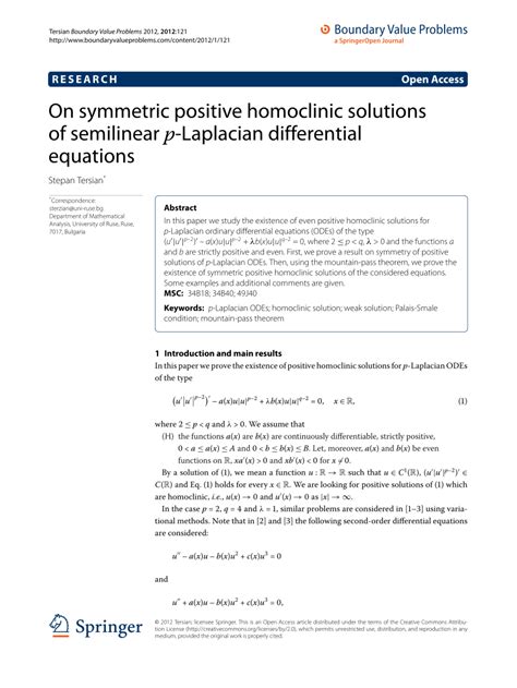 Pdf On Symmetric Positive Homoclinic Solutions Of Semilinear P Laplacian Differential Equations