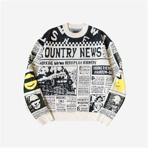 캐피탈 8g 니트 뉴스페이퍼 패턴 크루 스웨터 키나리 Kapital Kream