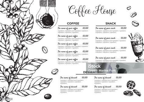 스톡 벡터 템플릿 커피 하우스 또는 레스토랑 메뉴입니다 바와 카페를 위한 음료 전단지 화이트 보드에 손으로 그린 빈티지 일러스트 커피와 디저트와 템플릿 메뉴판에 대한 스톡