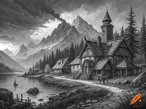 Black And White Fantasy Illustration Of A Village By A Lake And