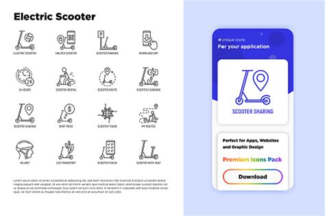 전기 스쿠터 얇은 라인 아이콘 세트 공유 서비스 모바일 앱 Qr 코드 주차 헬멧 에코 전송 포인터 현대 벡터 그림입니다 아이콘에 대한 스톡 벡터 아트 및 기타 이미지